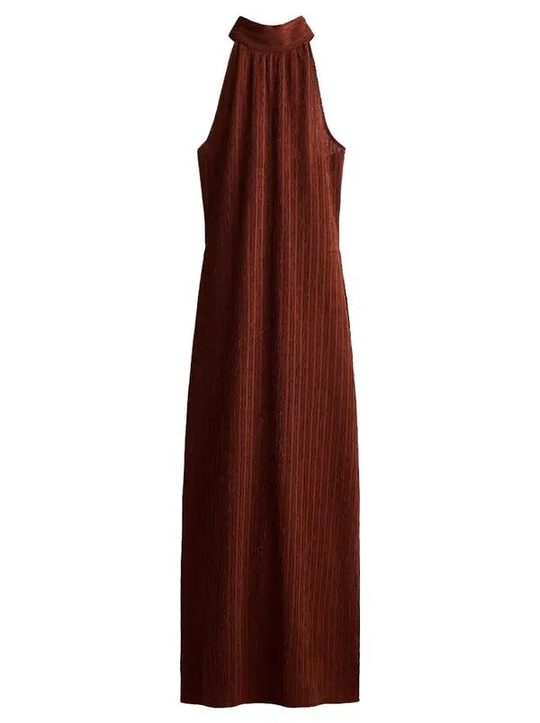H&m Crinkled Sleeveless Maxi Dress With Tie Neck - Rust Brown