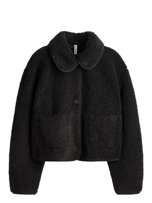 H&m Collared Teddy Jacket With Patch Pockets - Black