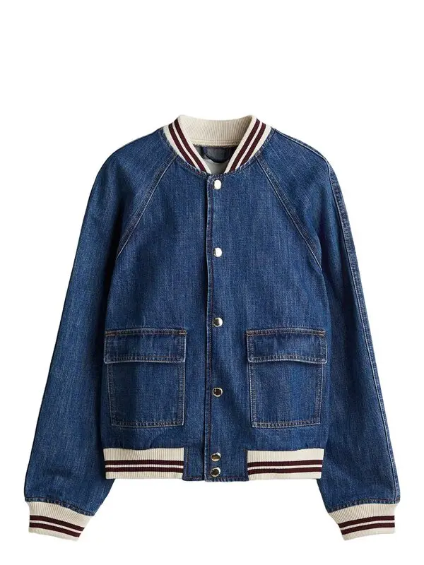 H&m Denim Bomber Jacket With Ribbed Stand Collar And Cuffs - Denim Blue
