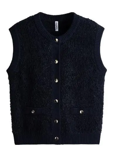 H&m Bouclé-knit Vest With Ribbed Details - Navy Blue