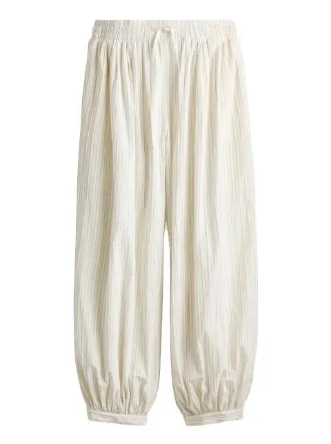 H&m Cotton Balloon Trousers With Drawstring Waist - Light Beige/striped