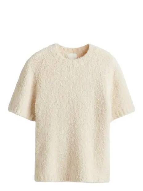 H&m Bouclé-knit T-shirt With Ribbed Details - Cream