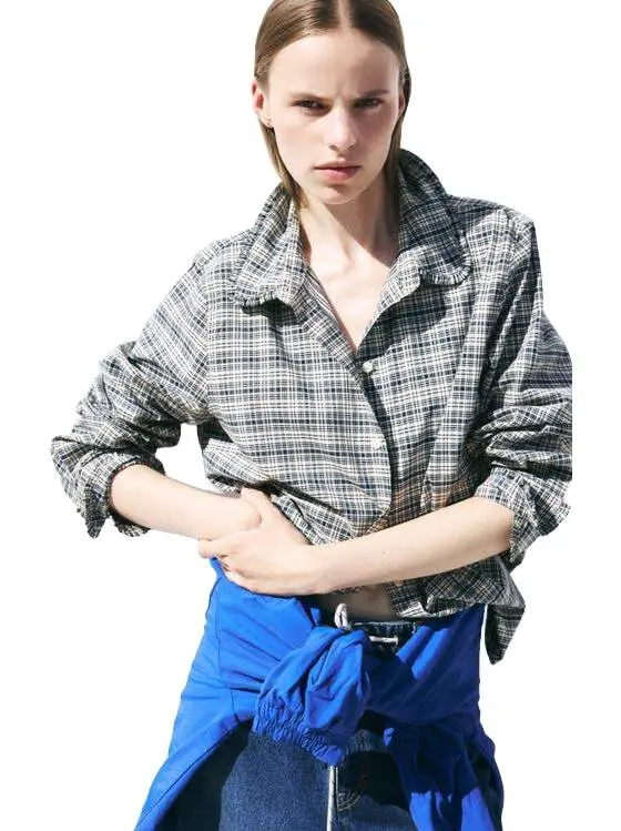 H&M Cotton Poplin Shirt With Frill Trim - Cream/checked