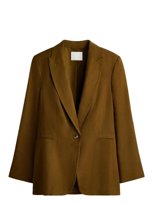 H&m Linen-blend Single-breasted Blazer - Dark Khaki Green