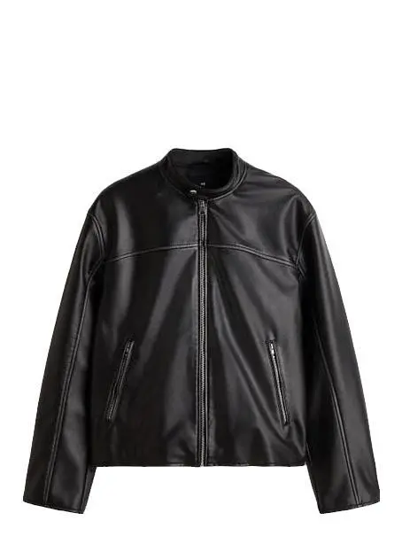 H&m Coated Racer Jacket With Stand Collar - Black