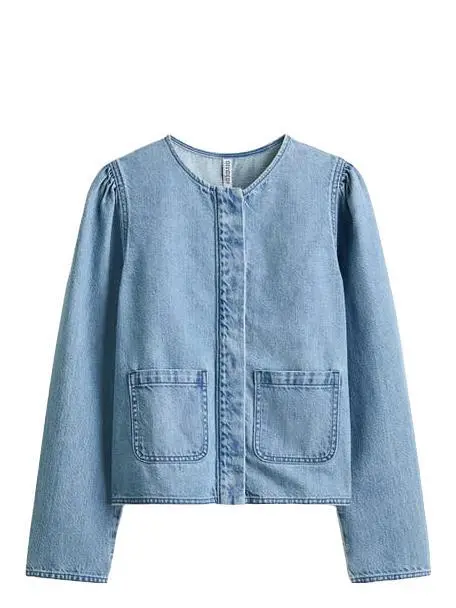 H&m Puff-sleeved Denim Jacket - Light Denim Blue