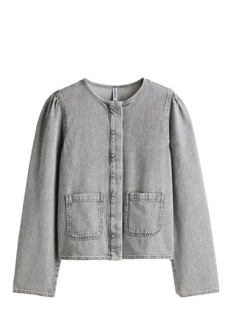 H&m Puff-sleeved Denim Jacket - Washed Gray