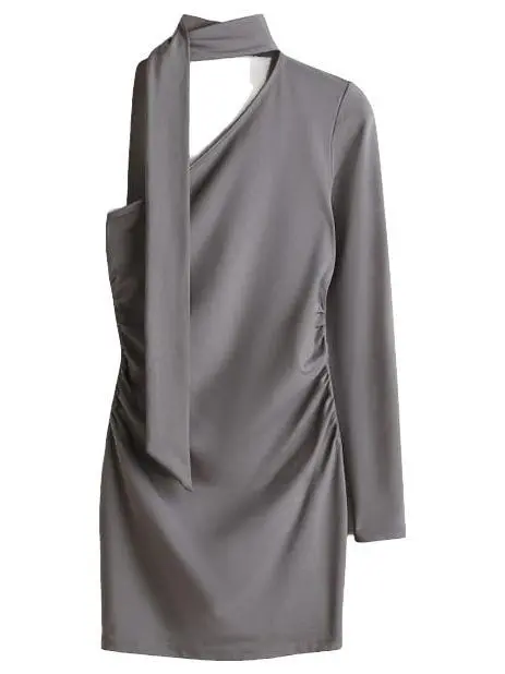 H&m Draped One-shoulder Mini Dress - Gray