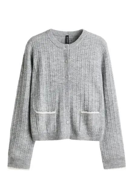 H&m Cable-knit Cardigan With Scalloped Pockets - Gray Melange