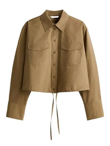 H&m Cropped Drawstring Shirt With Classic Collar And Chest Pockets - Dark Beige