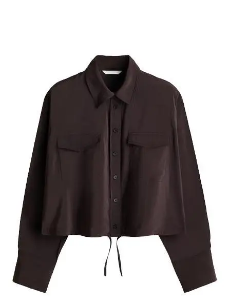 H&m Cropped Drawstring Shirt With Classic Collar And Chest Pockets - Dark Brown