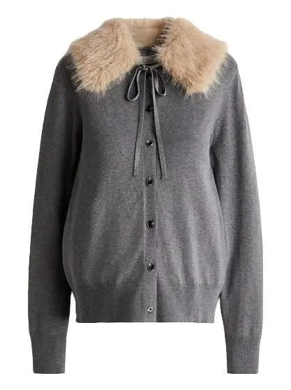 H&m Mama Detachable Fur Collar Cardigan - Gray