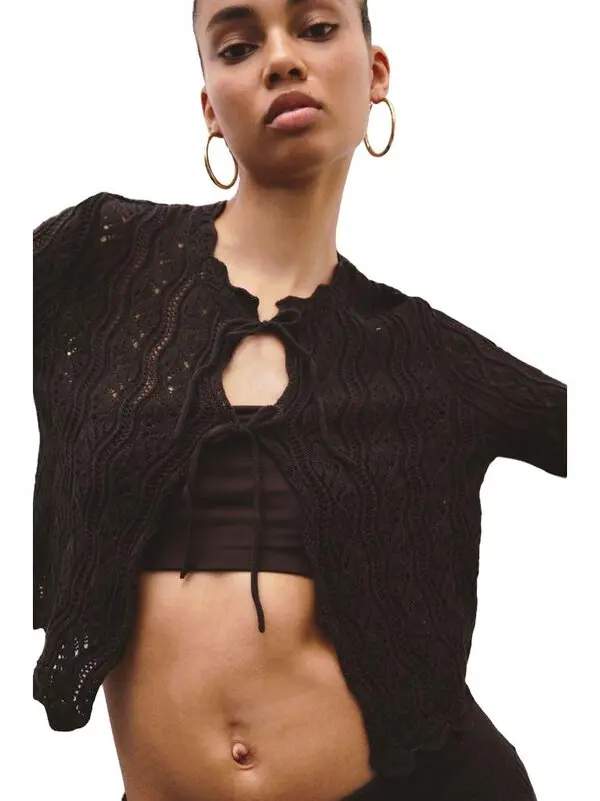 H&m Pointelle-knit Tie-front Cardigan With Scalloped Edges - Dark Brown