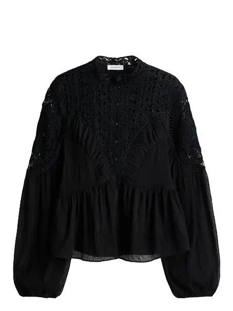 H&m Crochet-look Blouse With Stand Collar And Balloon Sleeves - Black