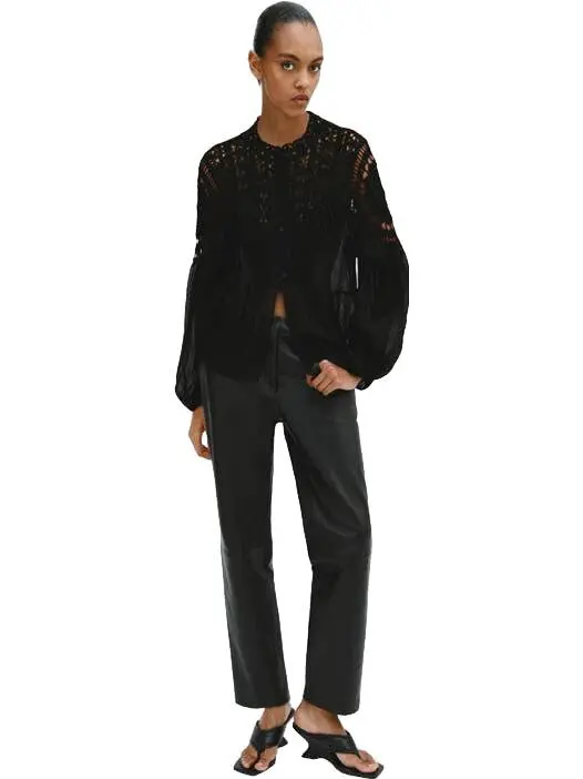 H&m Crochet-look Blouse With Stand Collar And Balloon Sleeves - Black