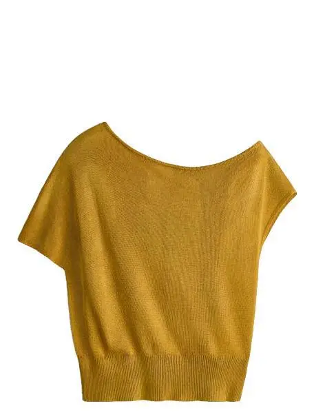 H&m Fine-knit One-shoulder Top With Ribbed Hem - Mustard Yellow