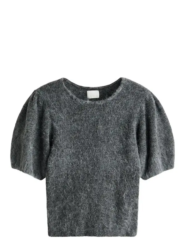 H&m Knitted Puff-sleeved Top - Gray Melange