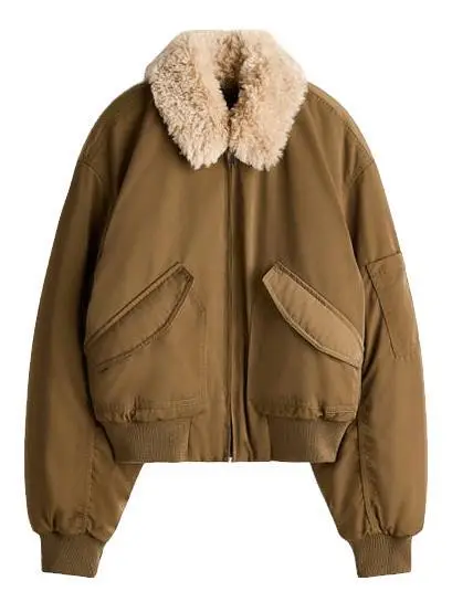 H&m Collared Bomber Jacket With Detachable Fur Collar - Khaki Green