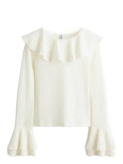 H&m Textured Jersey Flounce-trimmed Top - Cream
