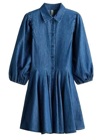 H&m Puff-sleeved Flared-skirt Denim Dress - Denim Blue