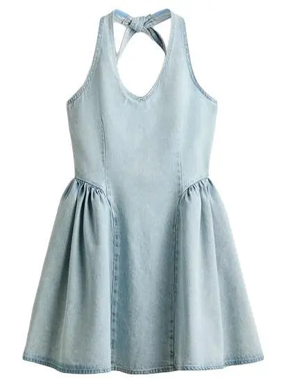 H&m Flared-skirt Halterneck Denim Dress - Light Denim Blue