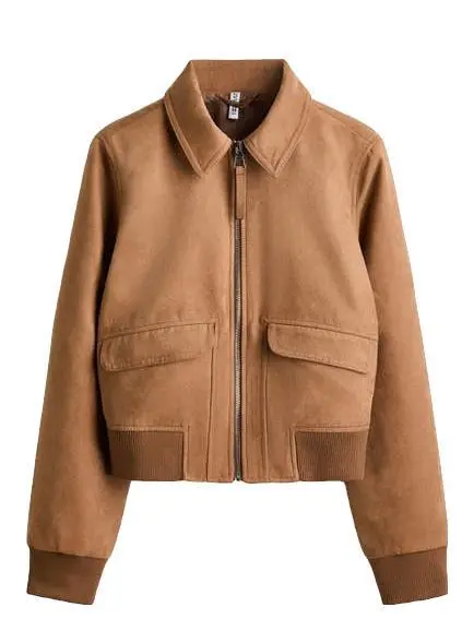 H&m Collared Zip-up Bomber Jacket - Dark Beige