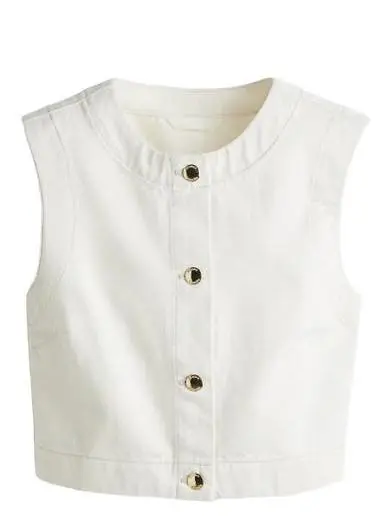 H&m Cropped Denim Waistcoat - White