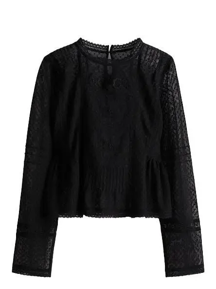 H&m Plumeti Mesh Blouse With Lace And Embroidery - Black