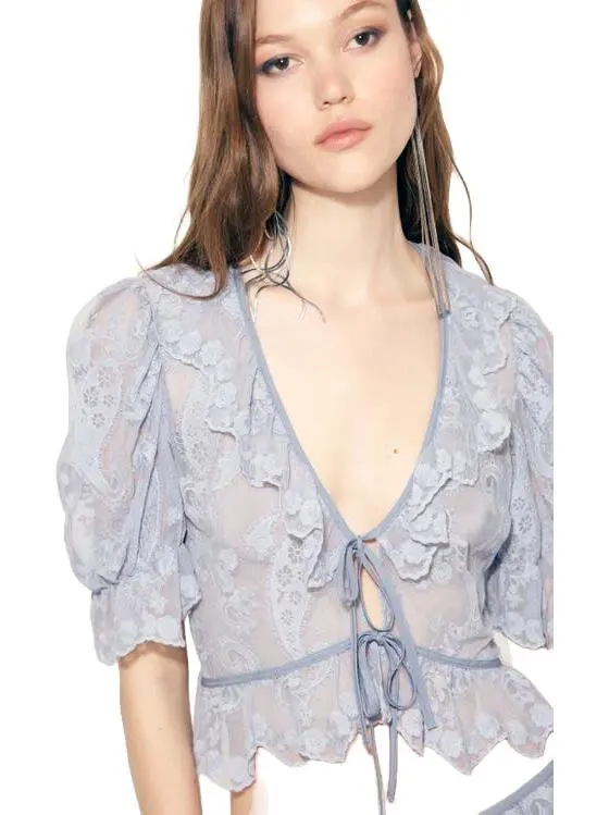H&m Embroidered Flounced Blouse - Light Blue