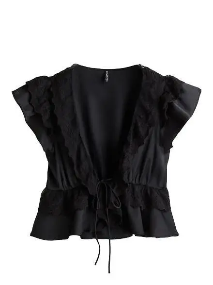 H&m Flounce-trimmed Satin Blouse With Lace - Black
