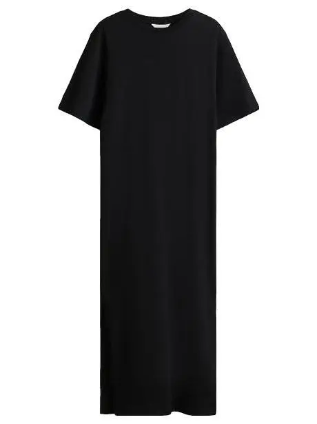 H&m Long T-shirt Dress With Ribbed Neckline And Side Slits - Black