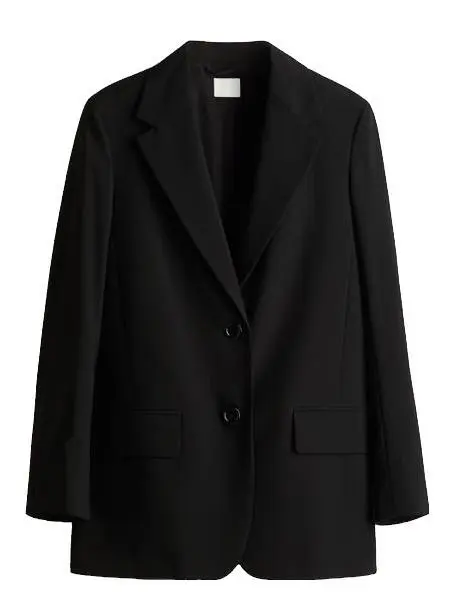 H&m Long Woven Blazer With Notch Lapels - Black