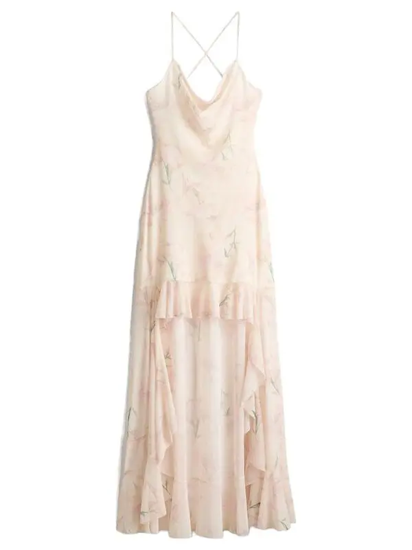 H&m Mesh High-low Dress With Cowl Neckline - Light Beige/floral
