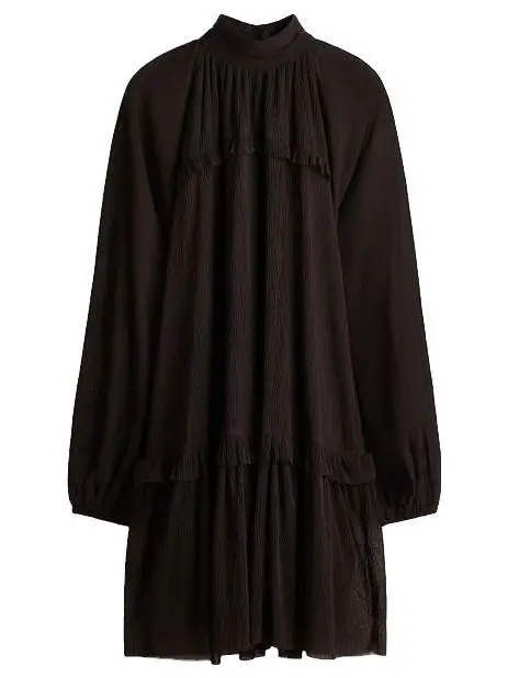 H&m Pleated Sheer Mini Dress With Frill Trim - Dark Brown