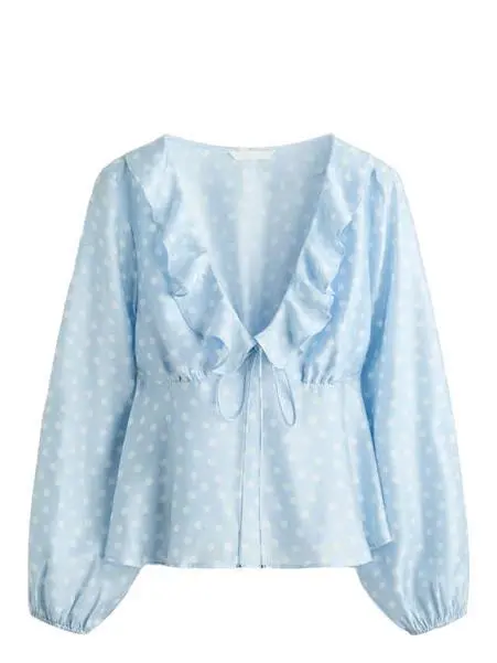 H&m Polka Dot V-neck Tie Detail Blouse - Light Blue/polka Dot