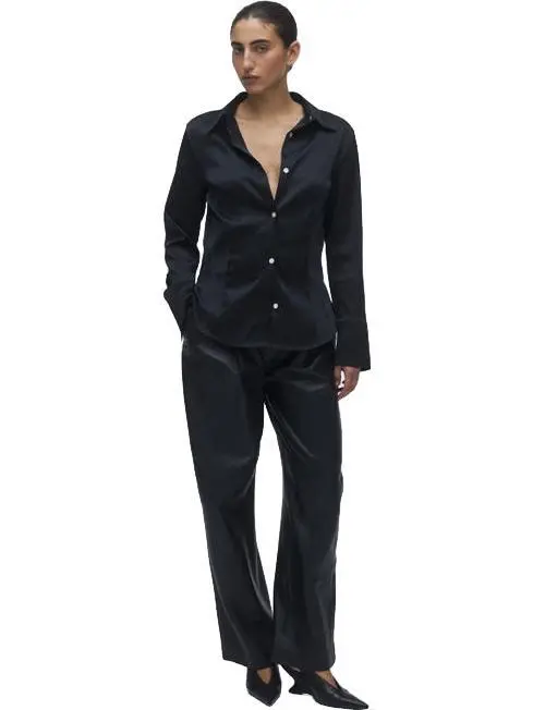 H&m Fitted Twill Shirt With Subtle Sheen - Black