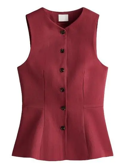 H&m Peplum Waistcoat With V-neck - Dark Red