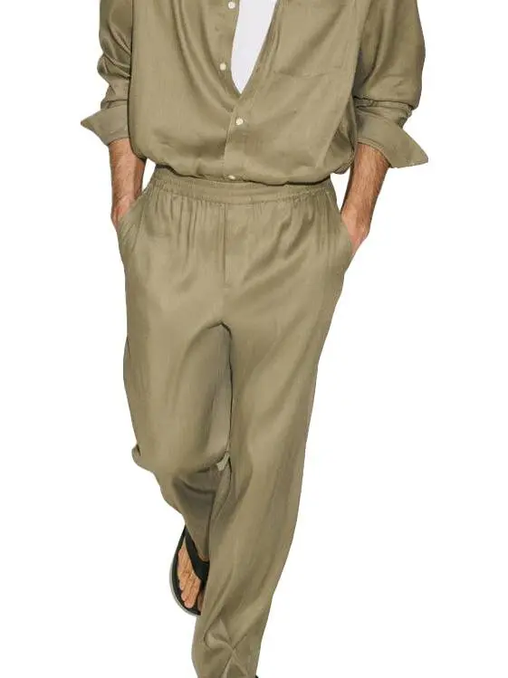 H&m Easy Care Linen-blend Wide Leg Pants - Light Khaki Green