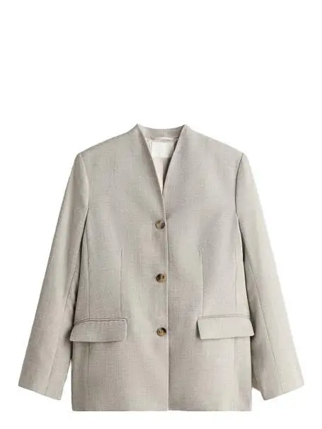 H&m Lapelless Blazer With Padded Shoulders And Vented Cuffs - Beige