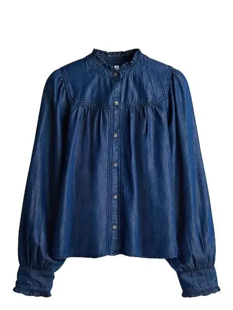 H&m Frill-trimmed Denim Blouse - Dark Denim Blue