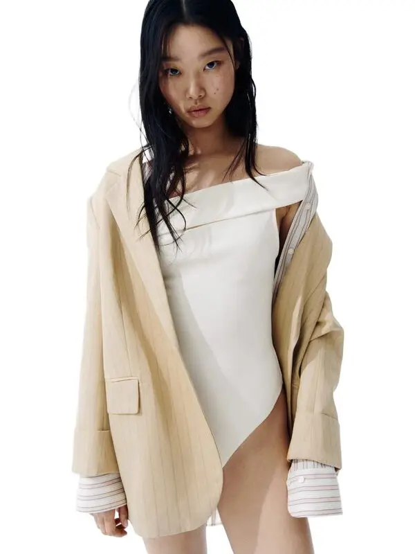 H&m Off-the-shoulder Ponte Thong Bodysuit - Cream