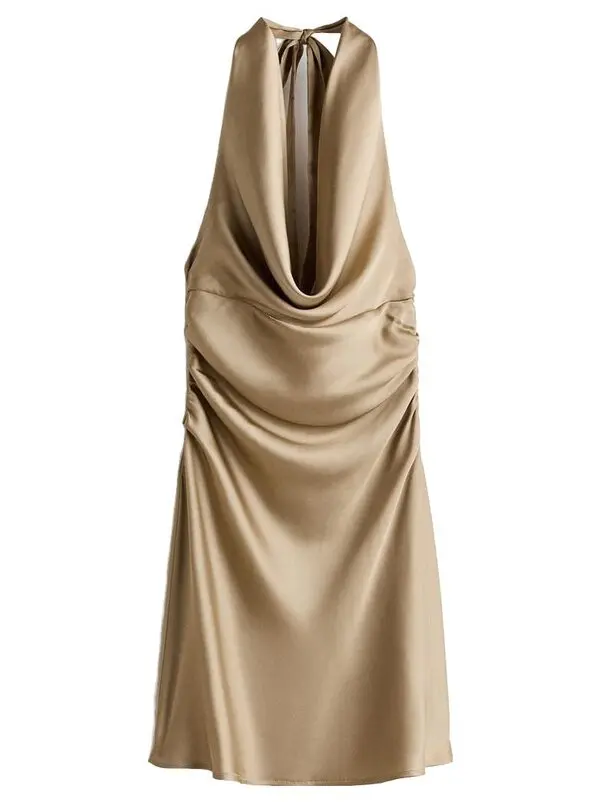 H&m Halterneck Satin Polka Dot Mini Dress - Beige