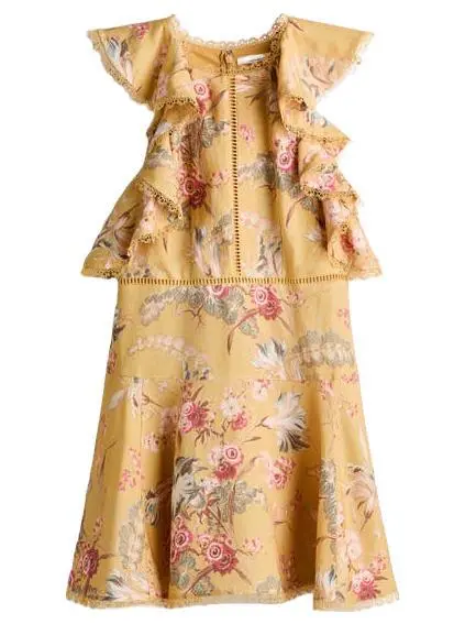 H&m Floral Print Linen-blend Dress With Lace Trim - Yellow/floral