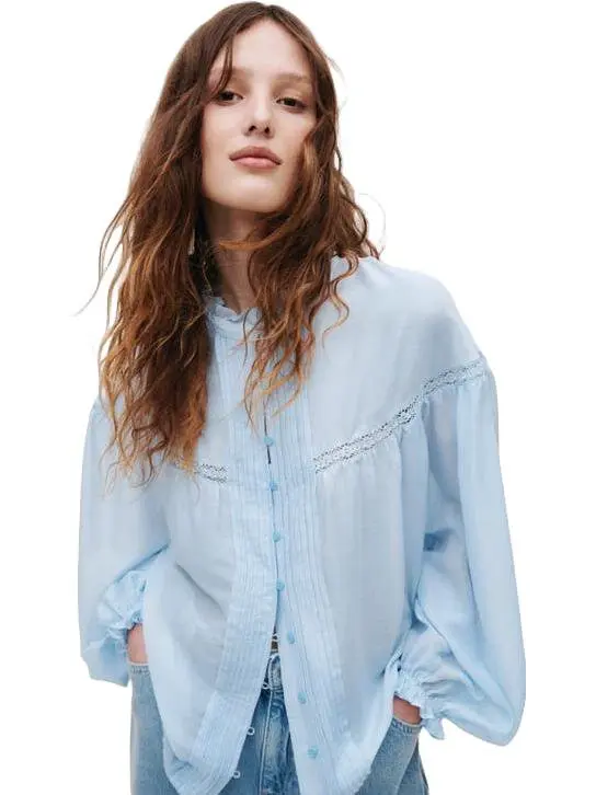 H&m Ruffle-trimmed Balloon-sleeved Blouse - Light Blue