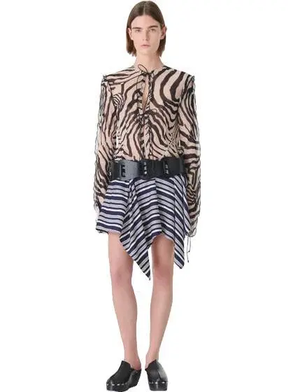 IRO PARIS Trecy Zebra Print Sheer Blouse With Front Ties - Black Wild Print