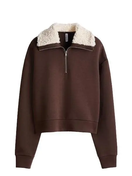 H&m Zip-top Scuba Knit Sweatshirt With Teddy-lined Stand Collar - Dark Brown