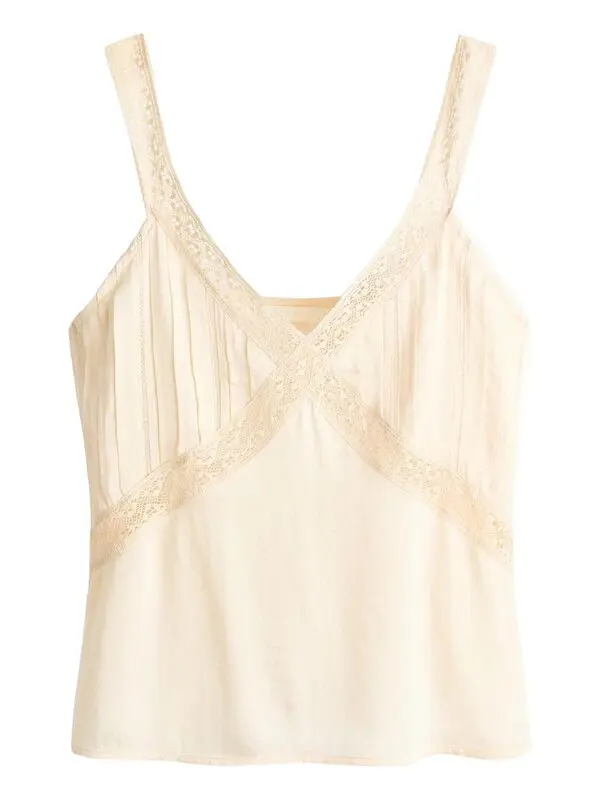 H&m Sleeveless Lace-trimmed Pintucked Top - Light Beige