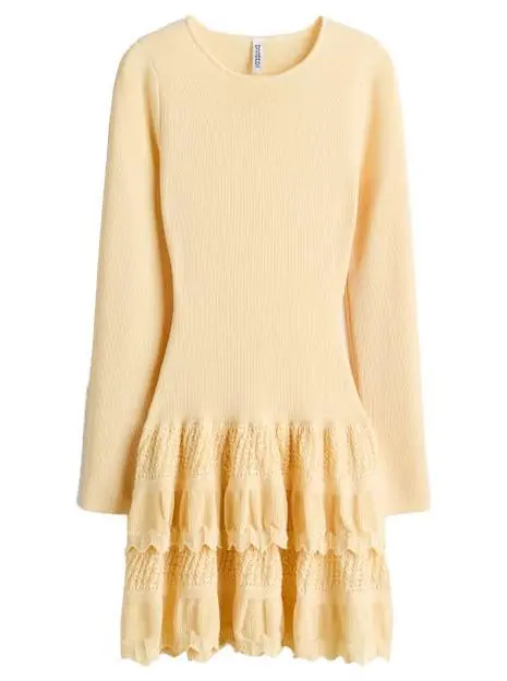 H&m Tiered Crochet-look Skirt Dress - Light Yellow