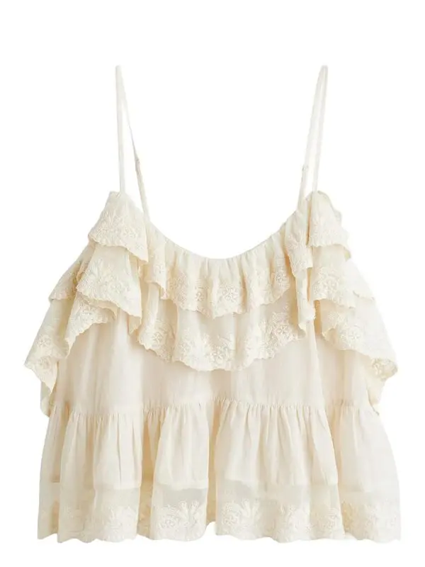 H&m Embroidered Flounced Top With Scalloped Mesh - Cream