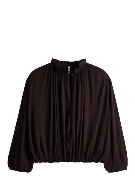 H&m Gathered Viscose Top With Frill Collar - Dark Brown